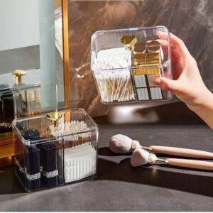 Clear Dispenser for Cotton Ball and Swab Plastic Qtip Holder with Lid Translucent Square Shape Canister 3 compartment for Bathroom Living Room Bedroom Vanity Makeup Organization (Green)