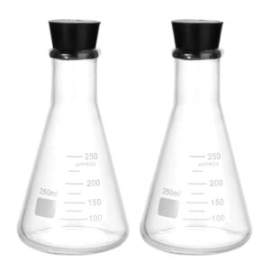 patikil erlenmeyer flask, 2 set 250ml 8.5oz narrow mouth graduated flasks with rubber stopper borosilicate glass flasks with printed graduation for lab experiment chemistry science study