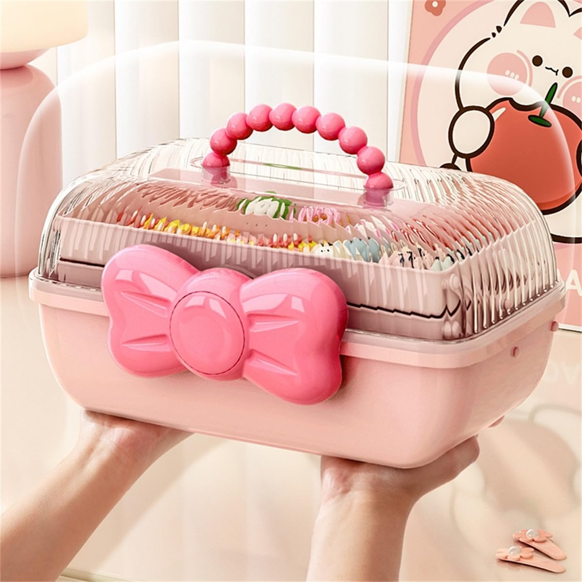 BUDUBIBI 3-Layer Storage Box Art Craft Organizer Storage Box, Hair Accessories Organizer for Girls Hair Clips, Headbands, Plastic Portable Jewelry Box, Folding Multipurpose Storage Box (Pink)