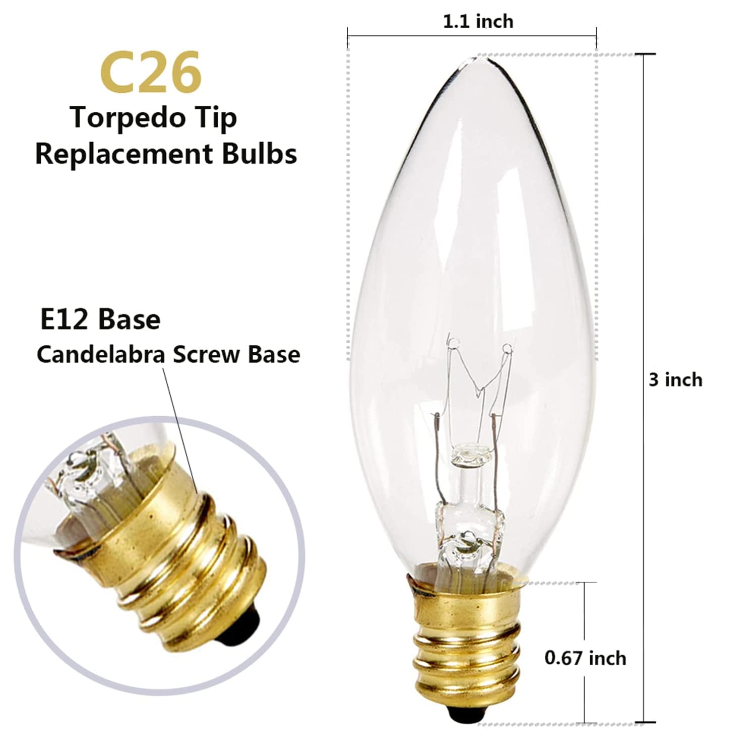 12 Pack Clear Torpedo Tip Replacement Bulbs, Replacement Light Bulbs for Electric Candle Lamps, Window Candles, Chandeliers- Clear Incandescent E12 Candelabra Base Light Bulbs- 120V 7 Watts Bulbs