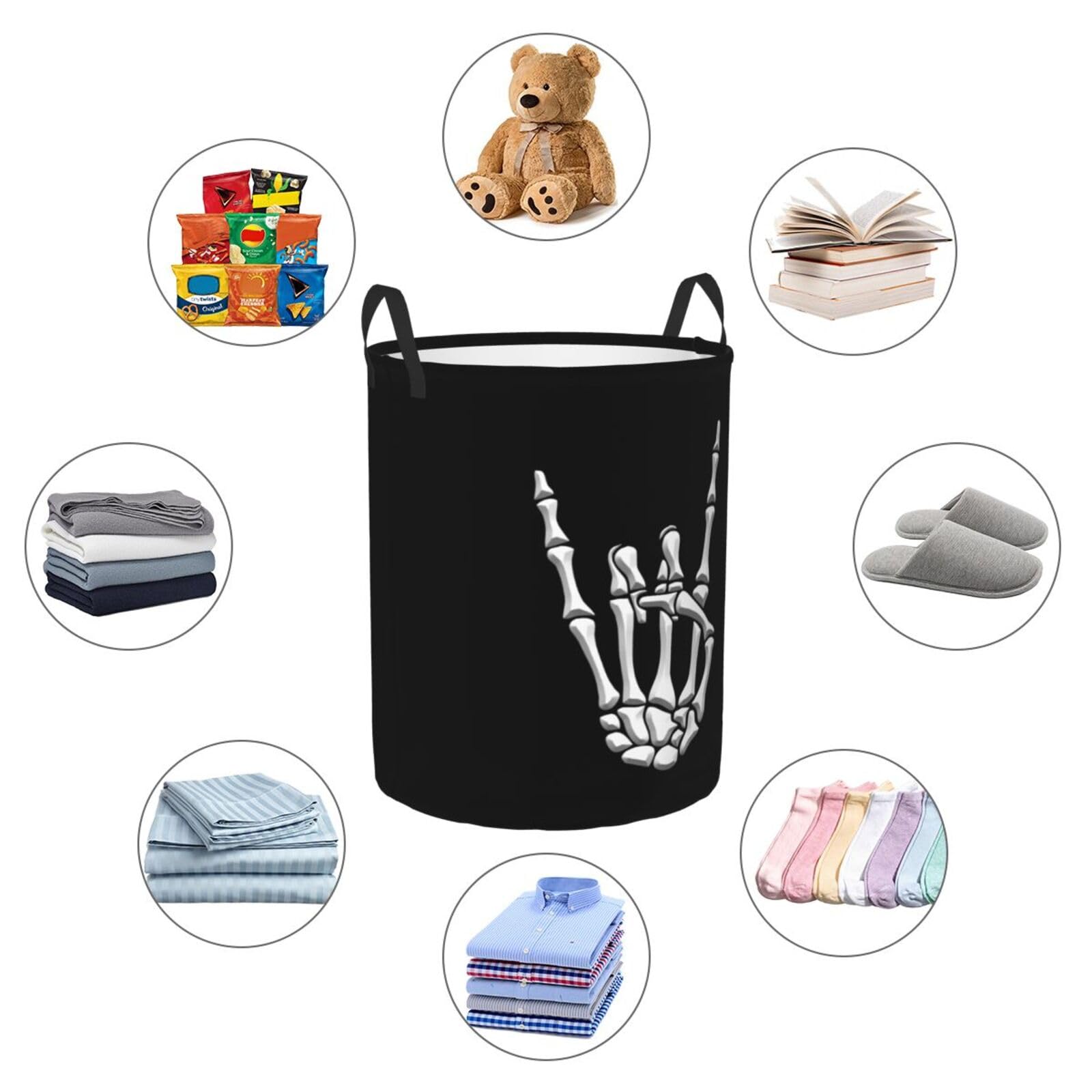 Rock N Roll Skeleton Hand Laundry Basket Laundry Basket with Handle Waterproof Round Oxford Cloth Laundry Basket Storage Basket