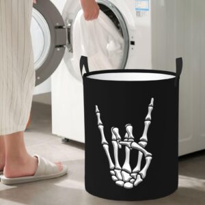 Rock N Roll Skeleton Hand Laundry Basket Laundry Basket with Handle Waterproof Round Oxford Cloth Laundry Basket Storage Basket