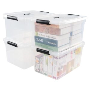 haodehen 17 qt plastic stackable storage container bins with lids and handle, clear organizer latching box, 4 packs