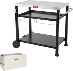 feasto three-shelf movable food prep and work cart table, home and outdoor multifunctional stainless steel table top worktable on two wheels, l39.5''x w25.6''x h33'', cover included