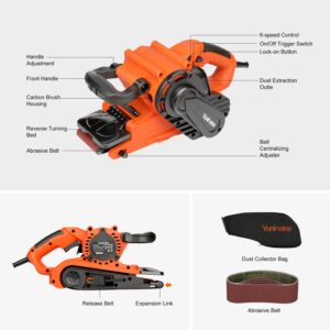 Yunirvana 8 Amp Belt Sander Variable Speed 120-380RPM Includes 5 Sanding Belts (3x21 Inch) and Dust Bag Ideal for Stock Removal