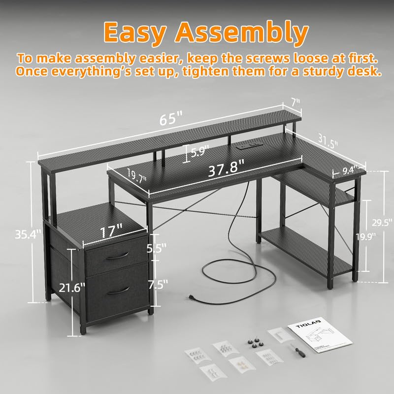 TIQLAB Computer Desk L Shaped with Drawers, 65” Gaming Desk with Power Outlets and LED Strips, Large L Shaped Corner Desk with Monitor Stand, Home Office Desk for Corner Space, Carbon Black