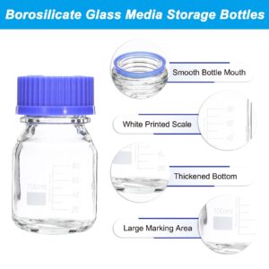 PATIKIL 10 Pack Reagent Media Storage Bottles, 100ml Borosilicate Glass Graduated Round Bottles with GL32 Blue Screw Cap for Lab Water Reagent Liquids, Clear