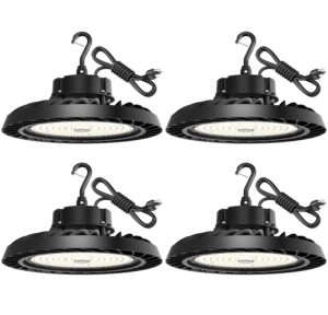 ufo led high bay light 200w 4 pack, high bay led light 30,000lm (150lm/w) 1-10v dimmable, 5' cable with plug, hanging hook, safe rope, etl listed high bay light for factory warehouse workshop