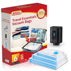 brodi 6 combo pack travel vacuum bags with pump - compression bags for travel,vacuum storage bags for space saver & travel essentials,vacuum seal bags for clothing,travel vacuum bags for luggage