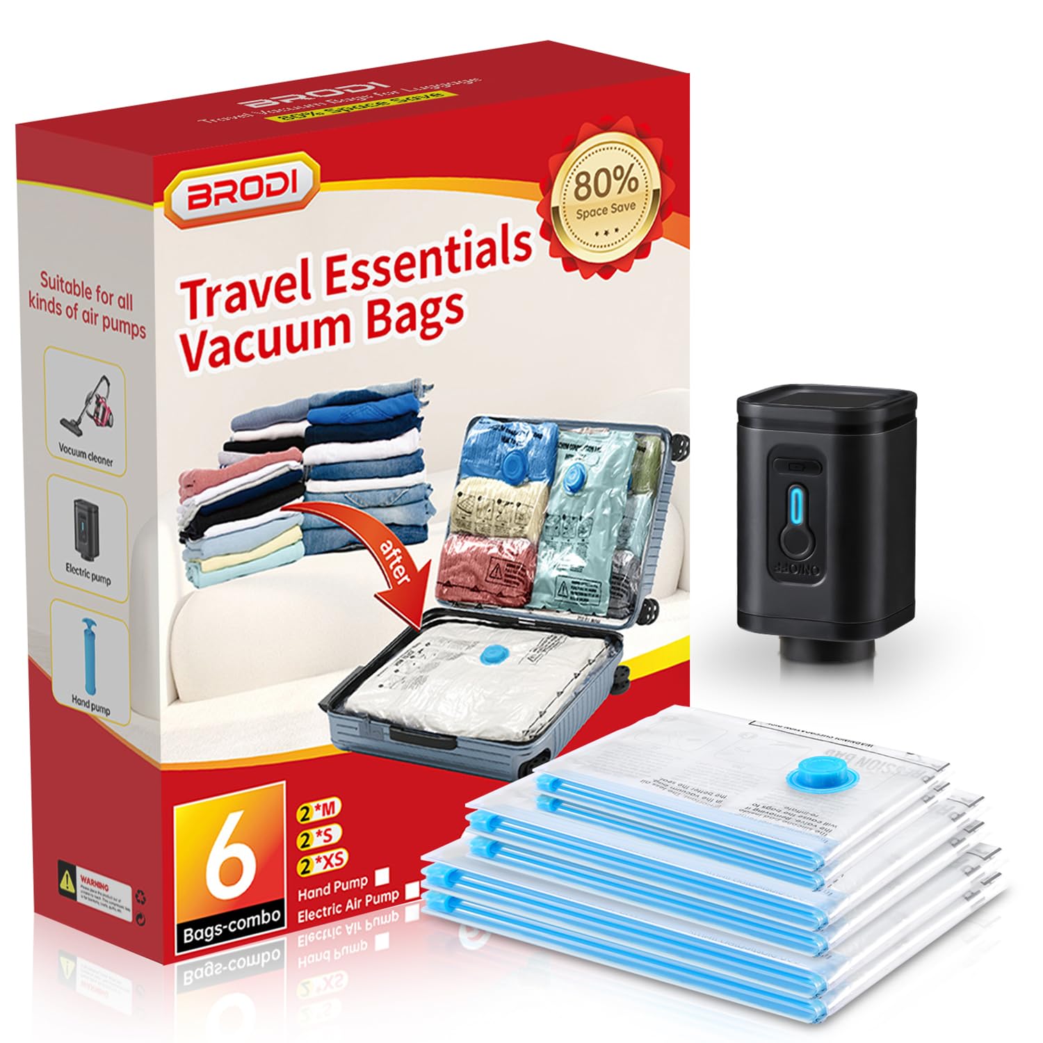 BRODI 6 Combo Pack Travel Vacuum Bags with Pump - Compression Bags for Travel,Vacuum Storage Bags for Space Saver & Travel Essentials,Vacuum Seal Bags for Clothing,Travel Vacuum Bags for Luggage