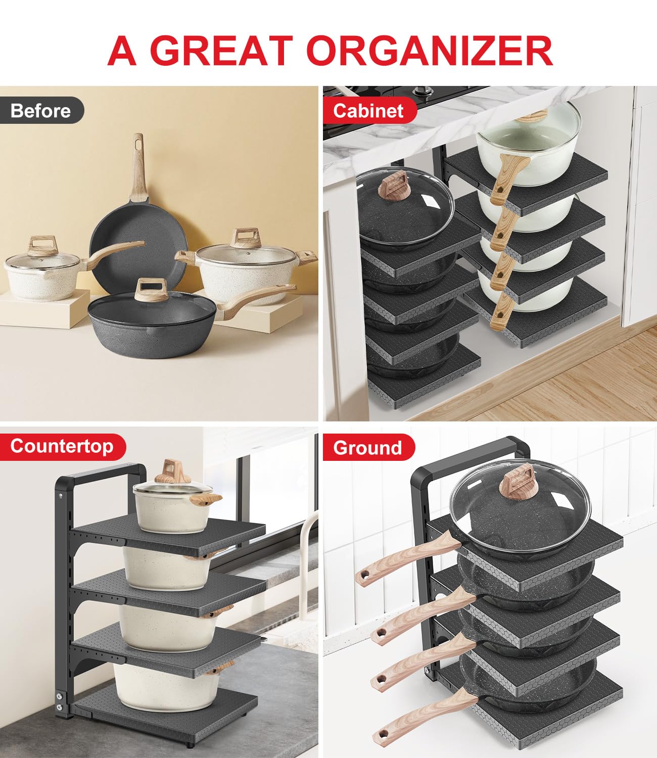 SIMPFIT Pots and Pans Organizer under Cabinet, Heavy Duty Pan Organizers for Cabinet & Counter, 4 Tier Adjustable Pan & Pot Rack for Kitchen Cabinet Organizers and Storage