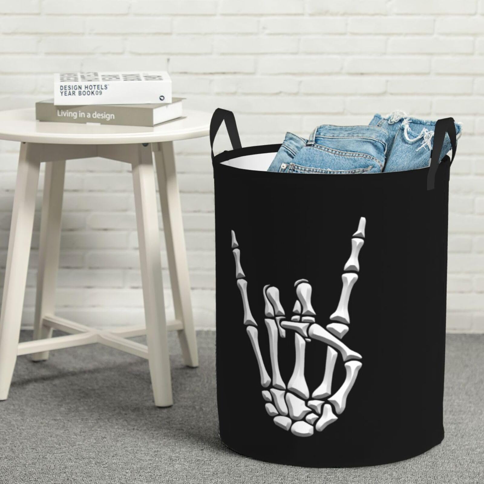 Rock N Roll Skeleton Hand Laundry Basket Laundry Basket with Handle Waterproof Round Oxford Cloth Laundry Basket Storage Basket