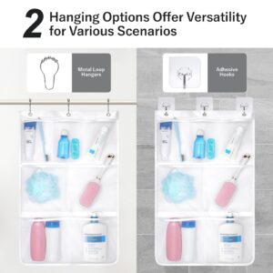 F-color Shower Organizer for Cruise Ship Essentials - with 3 Adhesive Hooks and 3 Metal Loop Hangers, Quick Dry Mesh Shower Caddy Hanging, 7 Pockets Bathroom Bag Tote for Shampoo, Soap, White