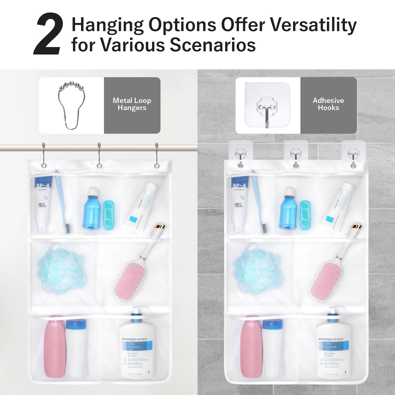 F-color Shower Organizer for Cruise Ship Essentials - with 3 Adhesive Hooks and 3 Metal Loop Hangers, Quick Dry Mesh Shower Caddy Hanging, 7 Pockets Bathroom Bag Tote for Shampoo, Soap, White