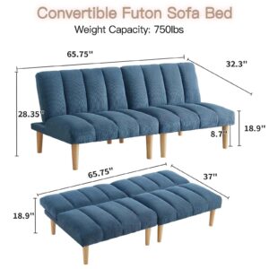 MEGA FURNIT Convertible Futon Sofa Bed - Modern Sleeper Loveseat with Adjustable Backrest, Wooden Legs, and Soft Corduroy Fabric for Living Room, Bedroom, and Small Spaces (Blue)