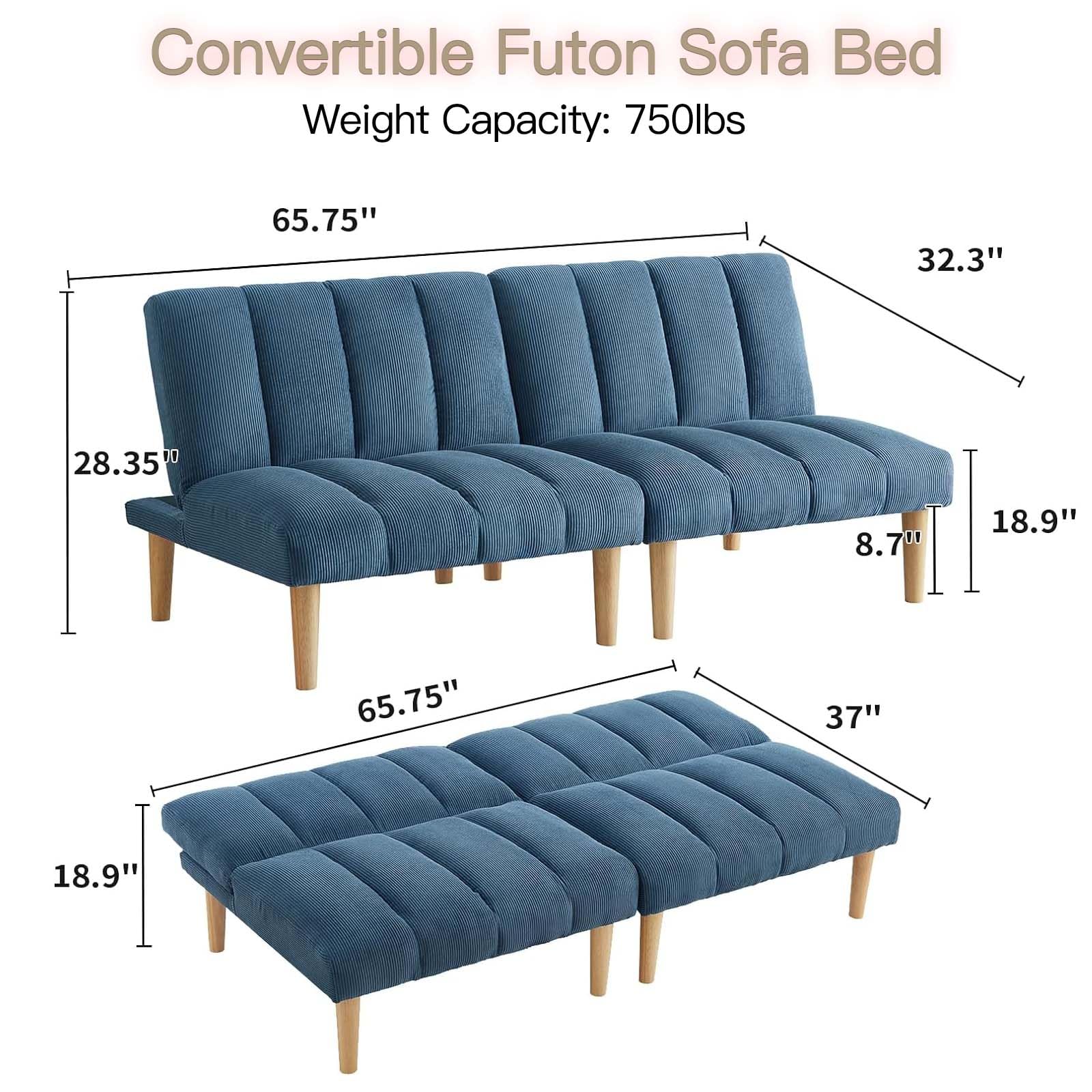 MEGA FURNIT Convertible Futon Sofa Bed - Modern Sleeper Loveseat with Adjustable Backrest, Wooden Legs, and Soft Corduroy Fabric for Living Room, Bedroom, and Small Spaces (Blue)