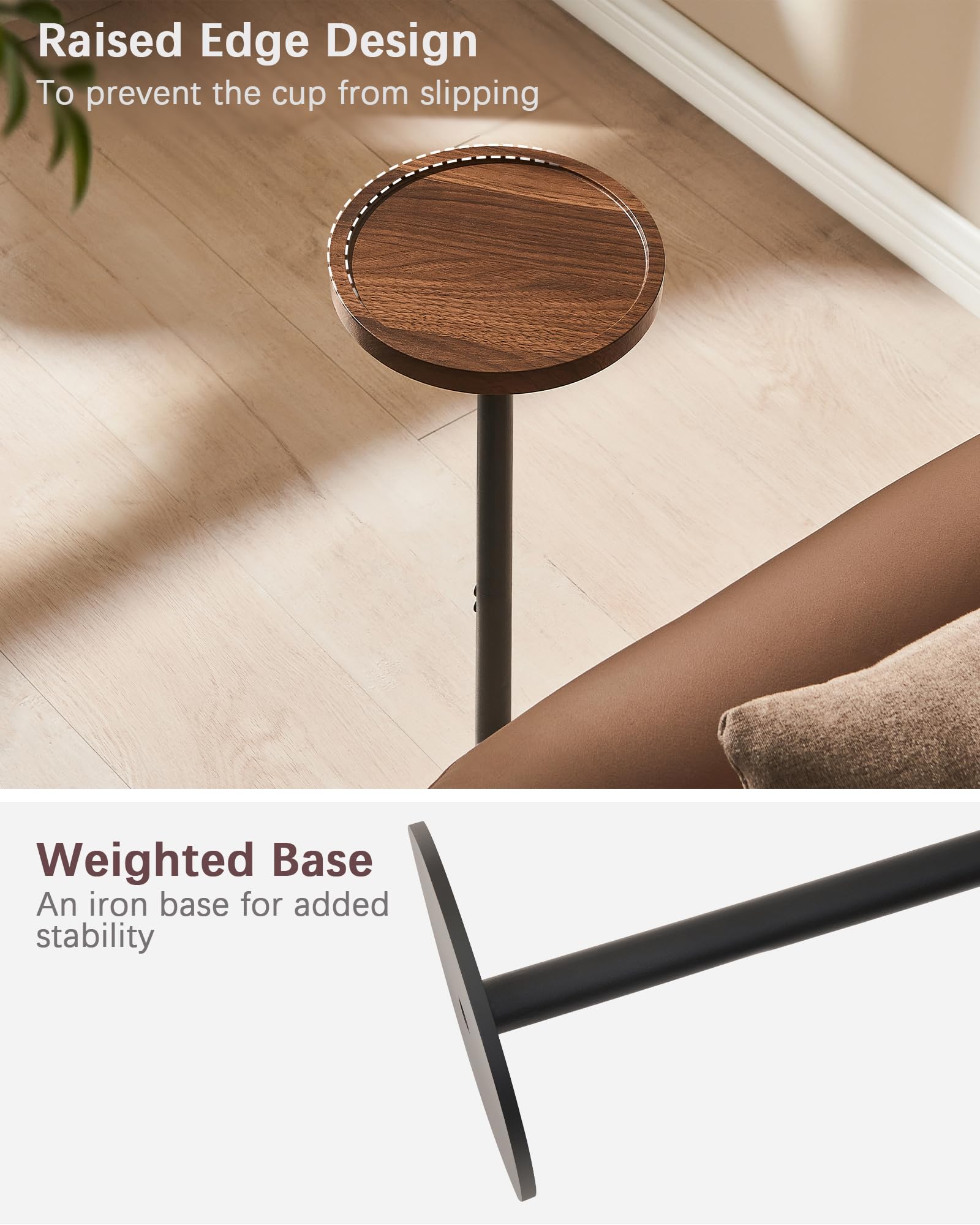 KJGKK Drink Table, Small Pedestal Side Table, Round Cocktail Table, Accent End Table with Metal Base, for Small Spaces, Brown & Black