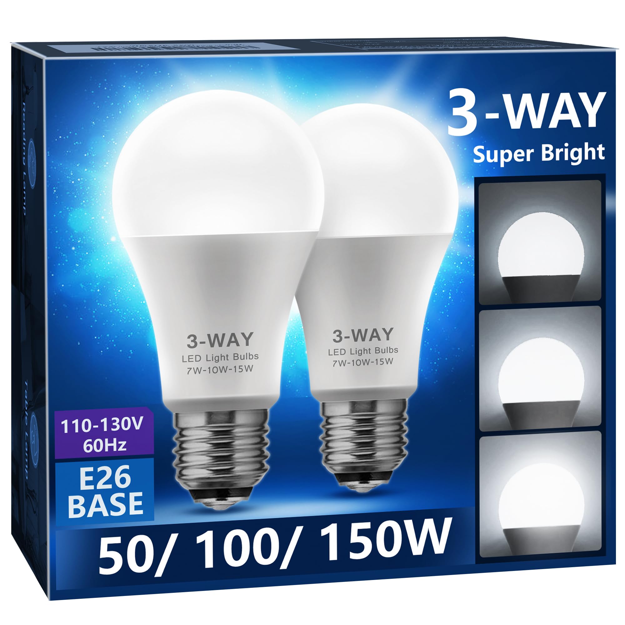 Briignite 3 Way LED Light Bulbs, 3 Way Light Bulbs 50 100 150W Equivalent Daylight 5000K A19 Light Bulbs E26 Base, Three Way Light Bulbs Indoor 3-Way Light Bulbs for Reading, 2 Pack