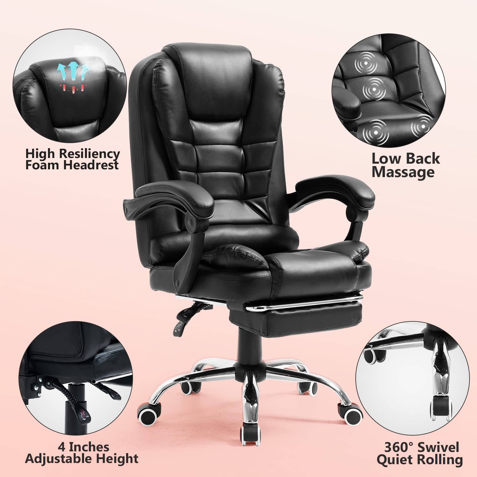 Joyo Funiture Vibration Massage Office Chair, Reclining Office Chair w/Footrest, High-Back Office Chair, PU Leather Computer Desk Chair w/Height & Armrest Adjustable, 280 lb Capacity, Black