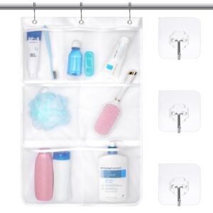 f-color shower organizer for cruise ship essentials - with 3 adhesive hooks and 3 metal loop hangers, quick dry mesh shower caddy hanging, 7 pockets bathroom bag tote for shampoo, soap, white