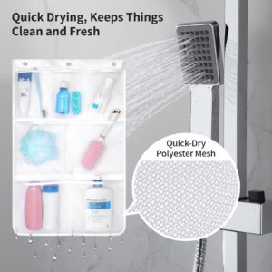 F-color Shower Organizer for Cruise Ship Essentials - with 3 Adhesive Hooks and 3 Metal Loop Hangers, Quick Dry Mesh Shower Caddy Hanging, 7 Pockets Bathroom Bag Tote for Shampoo, Soap, White