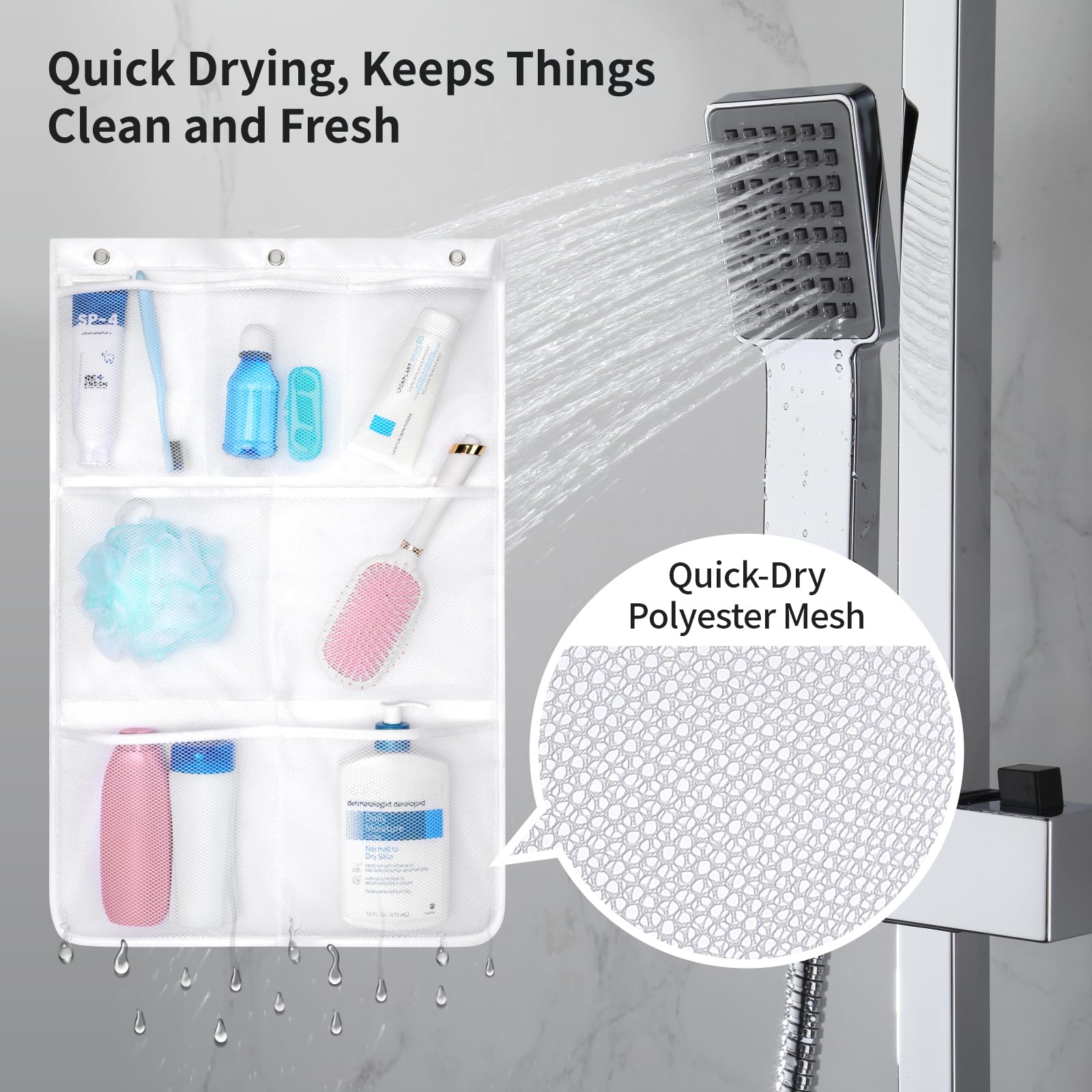 F-color Shower Organizer for Cruise Ship Essentials - with 3 Adhesive Hooks and 3 Metal Loop Hangers, Quick Dry Mesh Shower Caddy Hanging, 7 Pockets Bathroom Bag Tote for Shampoo, Soap, White