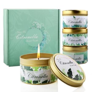 scented candle set 4 pack citronella candles outdoor, 32 oz long lasting soy wax citronella candles set, large tin candles with fresh citronella oil for camping garden patio yard balcony party indoor