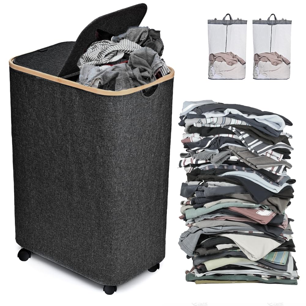 Large Laundry Hamper with Wheels and Lid | 144L Collapsible Laundry Baskets with Removable Bag | Dirty Clothes Hamper for Bedroom, Dorm | CarzyHome Double Rolling Laundry Basket with Handles - Black