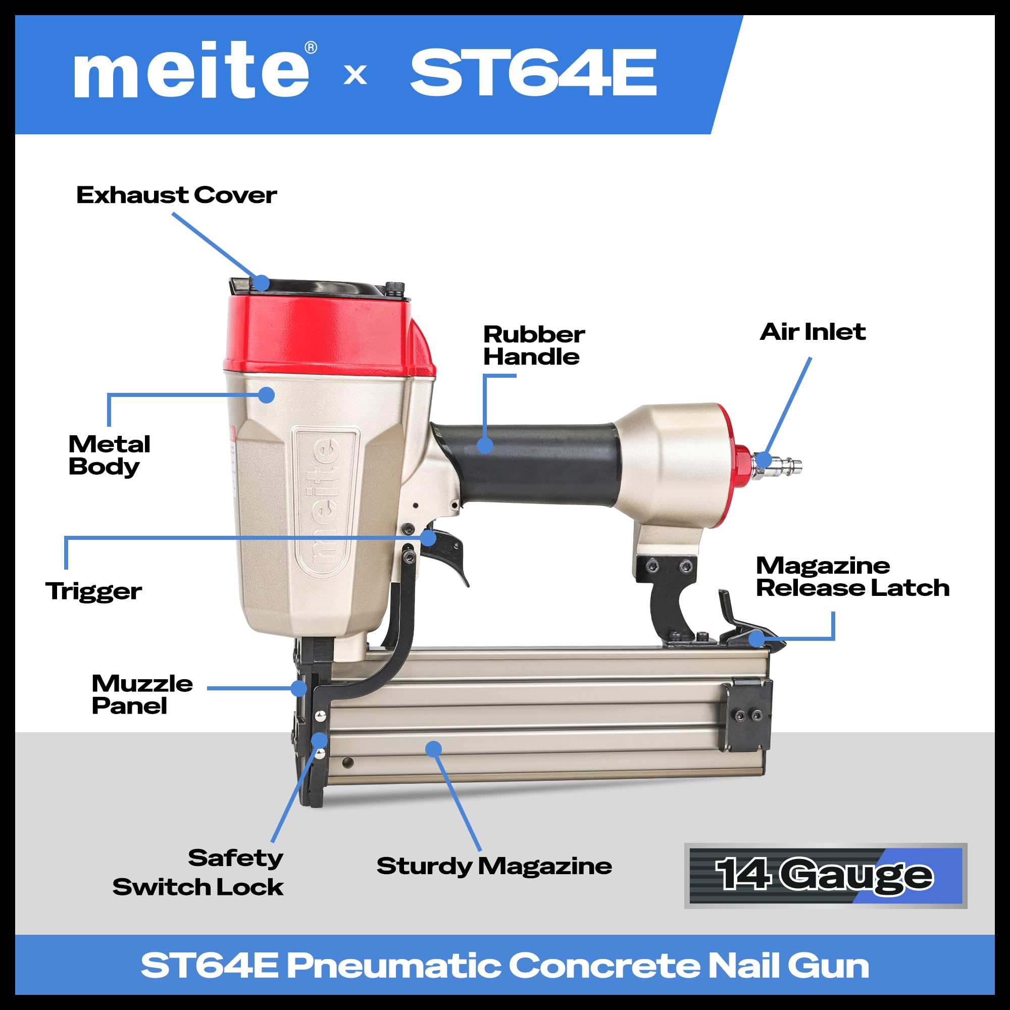 meite Concrete T Nailer with 400 PCS 1-1/4 Inch Concrete Nails, Pneumatic 14 Gauge Heavy Duty Air Concrete Nail Gun, Compatible with 14 Gauge 3/4 Inch to 2-1/2 Inch Concrete T Nails (ST64E)