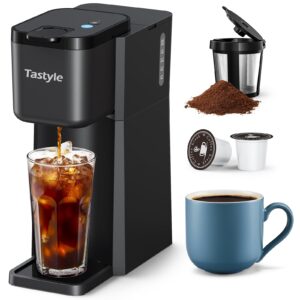 mini single cup coffee maker, hot and iced coffee maker for k cup and ground, 6 to14 oz brew sizes, with recipe book, one cup small pod coffee machine for travel, rv, dorm and desk