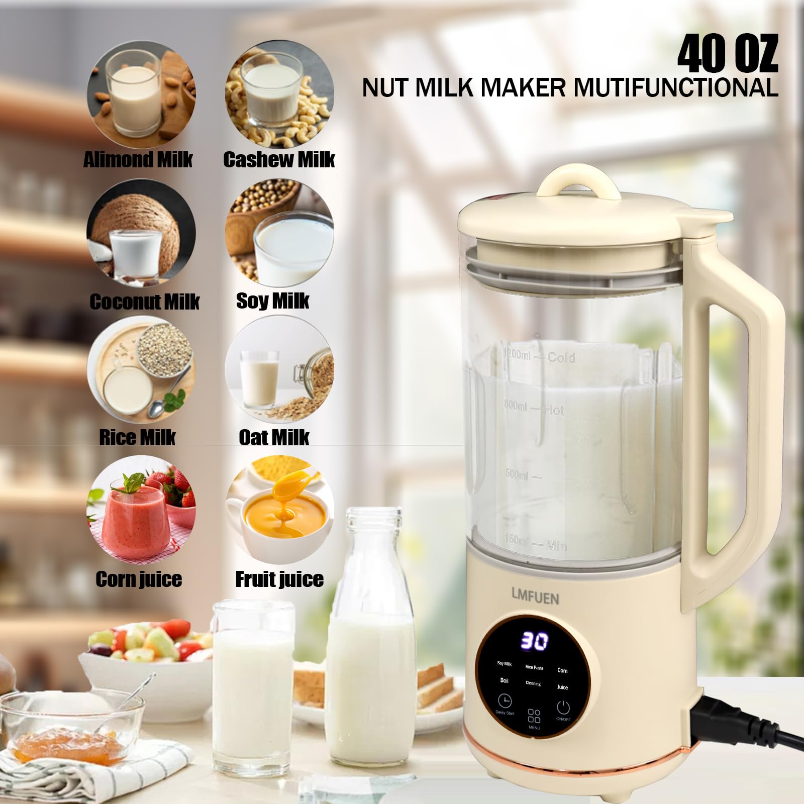 Automatic Nut Milk Maker,40oz Soy Milk Maker for Homemade Almond,Oat,Soy Milk,Plant-Based Milk,Soup Maker Machine,Milk Maker Machine with Delay Start/Keep Warm/Self Clean/Boil Water (White)