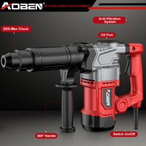 AOBEN SDS-MAX Demolition Jack Hammer Concrete Breaker, Demo Chipping Hammer, 1500W Electric Jackhammer, with Vibration Control and Safety Clutch, Includes Tool Case, Chisels