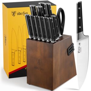 oderfun kitchen knife set with block, 15pcs full tang knife block set with built-in sharpener, high carbon stainless steel knives sets for kitchen, razor sharp kitchen knives with box