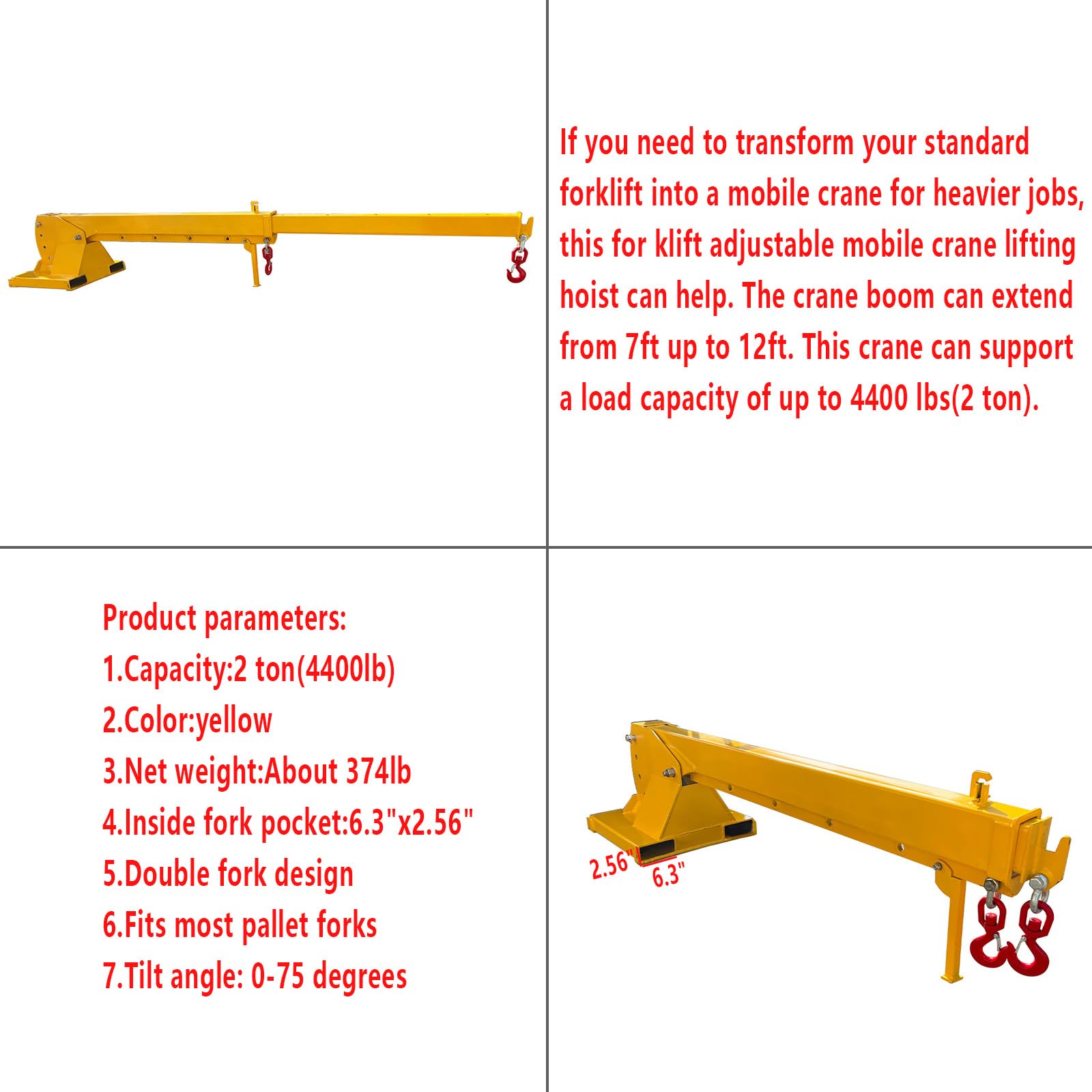 WYDDDARY Adjustable Mobile Crane Lifting Hoist Truss Jib Boom Hook Forklift Telescopic Arm with Adjustable Tilt Angle for Forklift Towing Handling(4400LbS Lift Capacity)