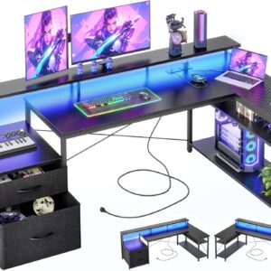 TIQLAB Computer Desk L Shaped with Drawers, 65” Gaming Desk with Power Outlets and LED Strips, Large L Shaped Corner Desk with Monitor Stand, Home Office Desk for Corner Space, Carbon Black