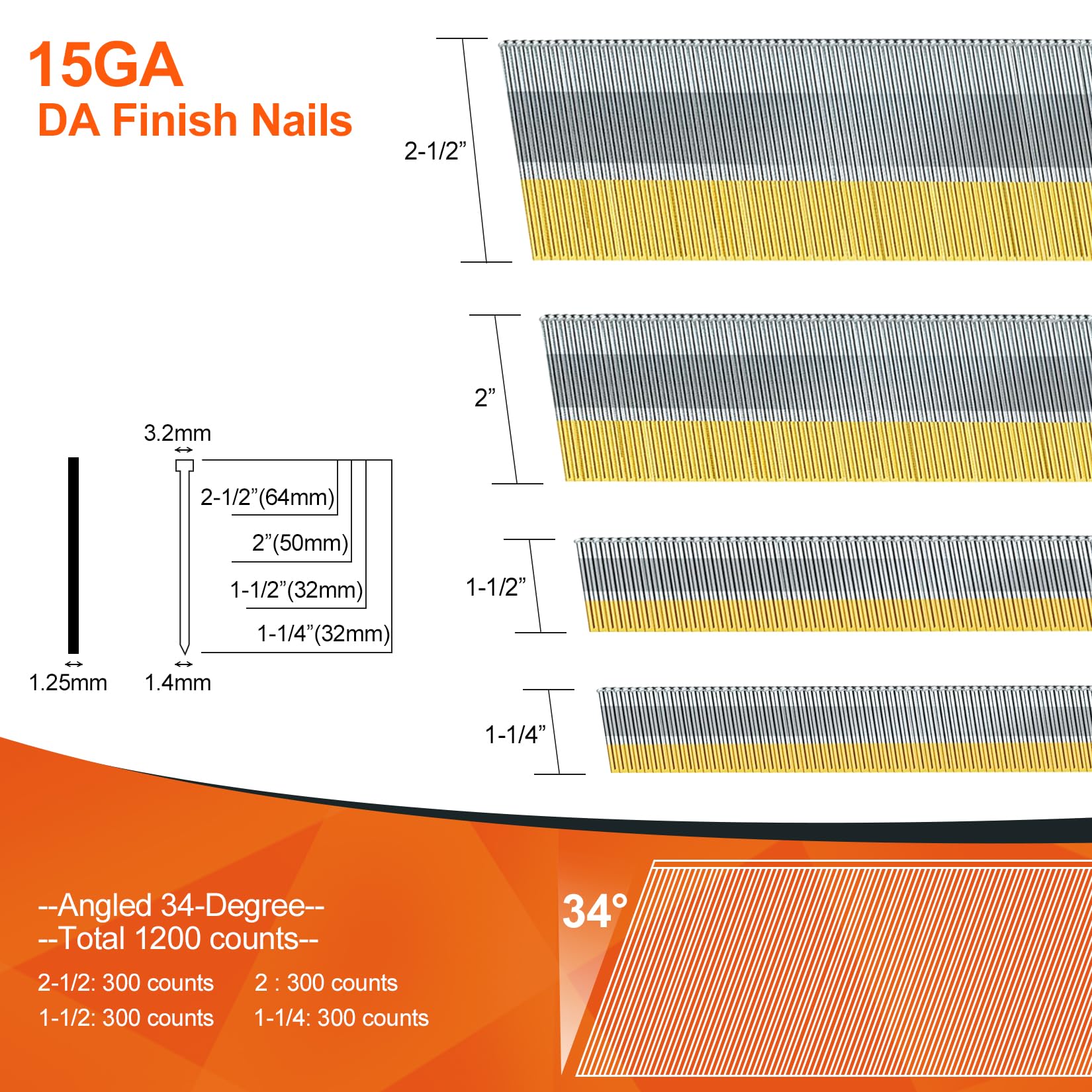 PINOZE 15 Gauge DA Angled Finish Nails, 34-Degree, 1200-Pack (2-1/2", 2", 1-1/2", 1-1/4" 300 Per Sizes), Galvanized Assorted Size Project Pack, for Pneumatic, Electric Angled Finish Nailer Gun