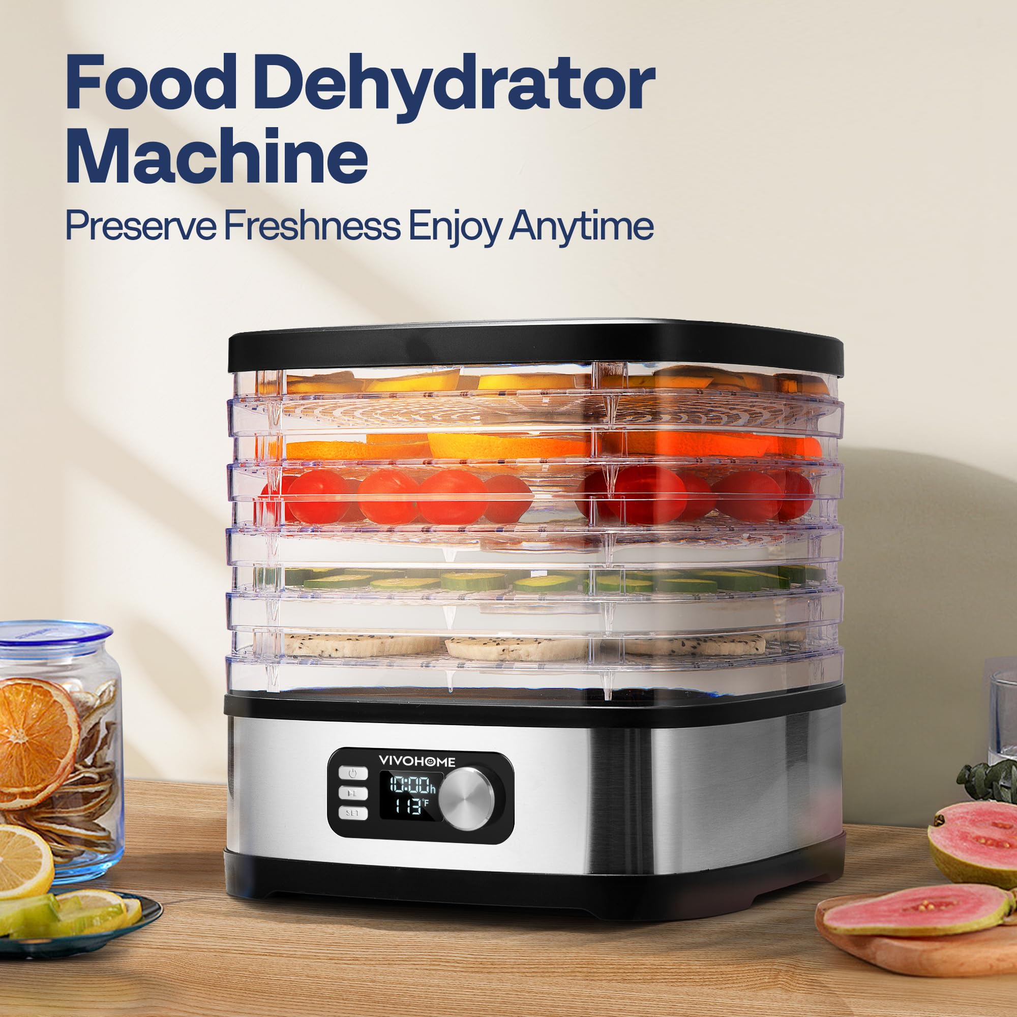 VIVOHOME Food Dehydrator Machine, Dehydrator for Food and Jerky, Fruits, Meat, 5 Trays Electric Dryer Dehydrator with 72H Digital Timer and Temperature Control for Veggies, Herbs, Mushroom, Dog Treats