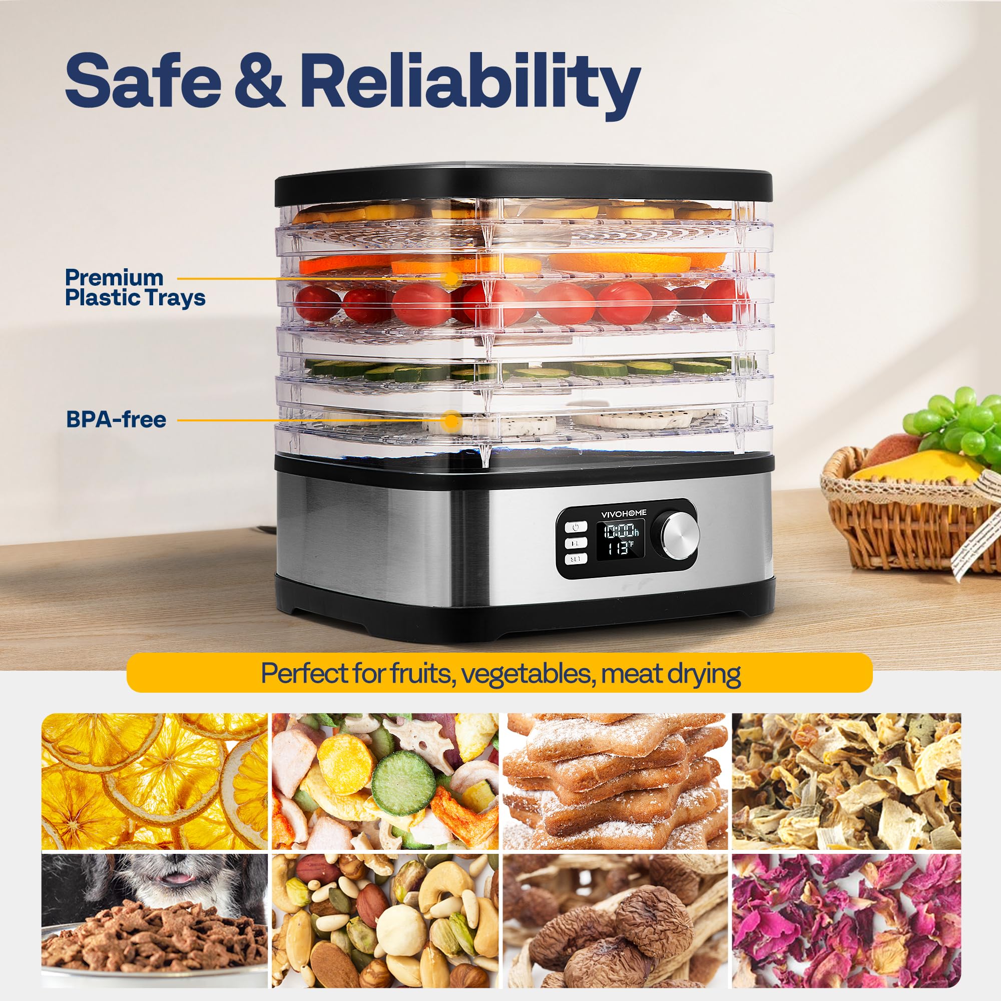 VIVOHOME Food Dehydrator Machine, Dehydrator for Food and Jerky, Fruits, Meat, 5 Trays Electric Dryer Dehydrator with 72H Digital Timer and Temperature Control for Veggies, Herbs, Mushroom, Dog Treats