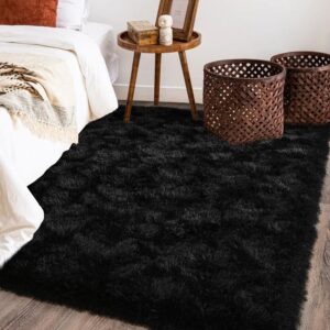 Quntue Black Rug for Bedroom Living Room, Area Rugs 4x6 Fluffy Bedroom Rug Carpet, Soft Shaggy Modern Floor Rug for Kids Boys Girls Room, Plush Fuzzy Dorm Rug for Home Decor Aesthetic