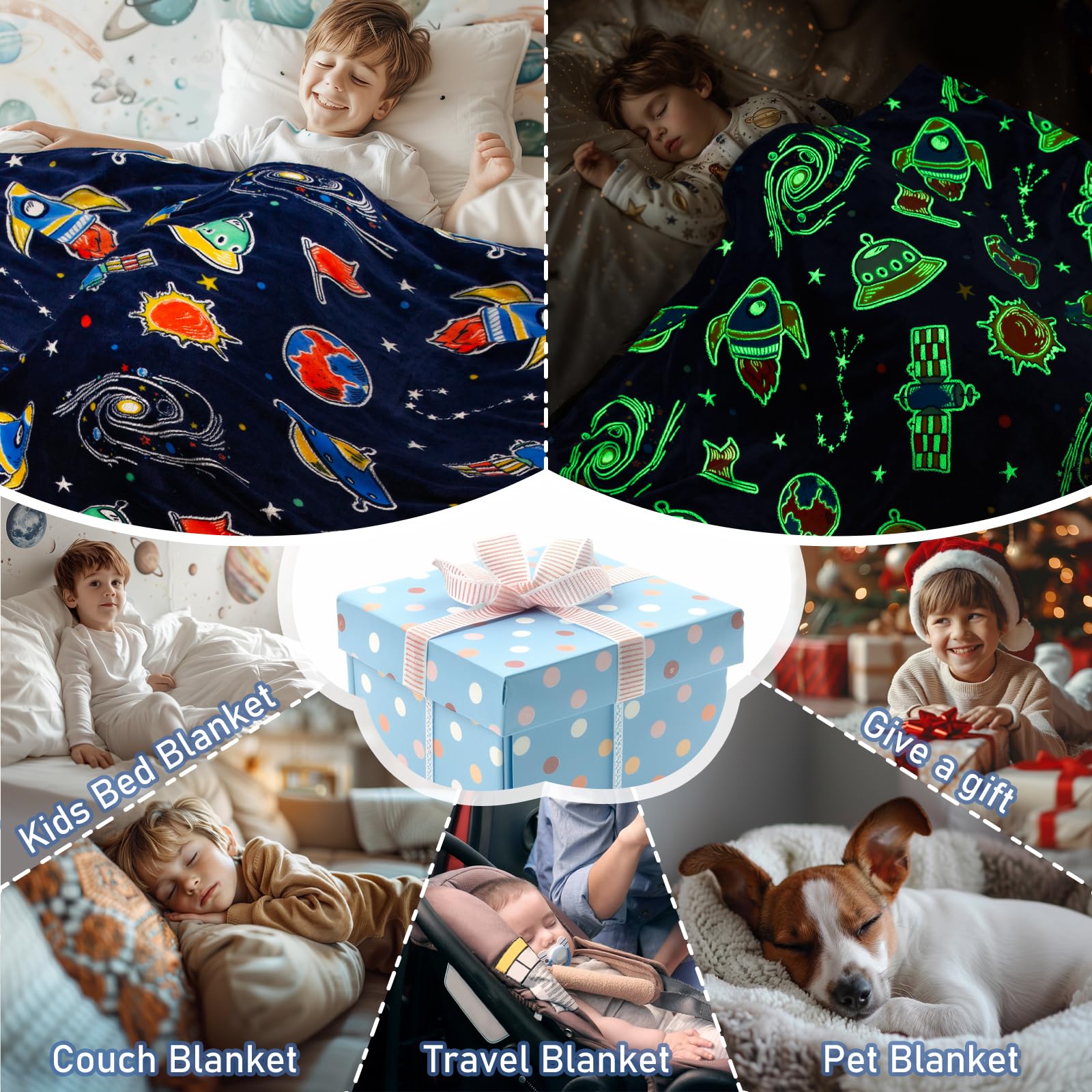 Glow in The Dark Galaxy Space Blanket Gifts for Boys Girls, Star Planet and Solar System Decor for Adult Kids, Birthday Christmas Valentines Day Spaceship Toys Gift for Age 3 4 5 6 7 8 9 10 Year Old