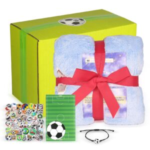 alfun soccer gifts set for kids, soccer blanket 50"*60", 50 pieces soccer stickers, soccer bracelet & greeting card, soccer gift bags for boys girls