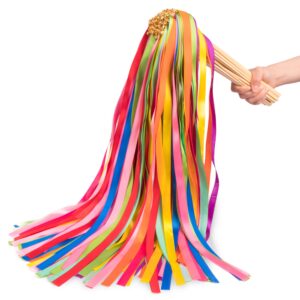 100pcs rainbow ribbon stick wands with gold bell, multi-colored fairy wish wands party rhythm send-off idea ribbon streamers for wedding, bridal shower, pride parade, ceremony exit photo props