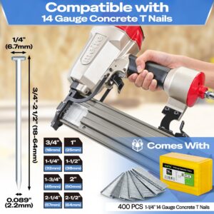 meite Concrete T Nailer with 400 PCS 1-1/4 Inch Concrete Nails, Pneumatic 14 Gauge Heavy Duty Air Concrete Nail Gun, Compatible with 14 Gauge 3/4 Inch to 2-1/2 Inch Concrete T Nails (ST64E)