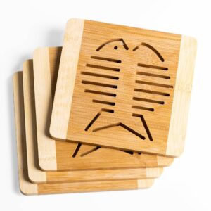 hefild 4pcs bamboo trivets for hot dishes, 6x6 inch fish-shaped wood hot pads for countertops and kitchen, decorative trivets for hot pots and pan, versatile hot pan mat, quartz countertops protection