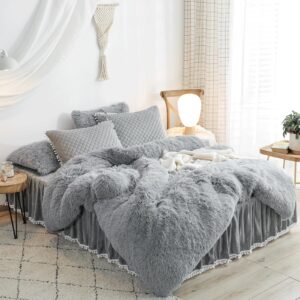 haihua luxury plush shaggy flannel velvet (1 faux fur duvet cover) fluffy comforter bedding sets 1 pieces,zipper closure (gray, queen)