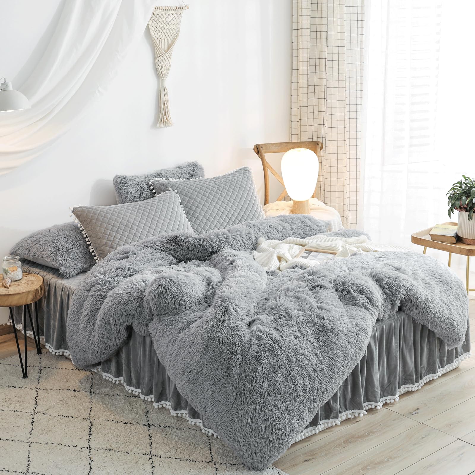 HAIHUA Luxury Plush Shaggy Flannel Velvet (1 Faux Fur Duvet Cover) Fluffy Comforter Bedding Sets 1 Pieces,Zipper Closure (Gray, Queen)