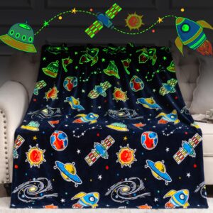 glow in the dark galaxy space blanket gifts for boys girls, star planet and solar system decor for adult kids, birthday christmas valentines day spaceship toys gift for age 3 4 5 6 7 8 9 10 year old