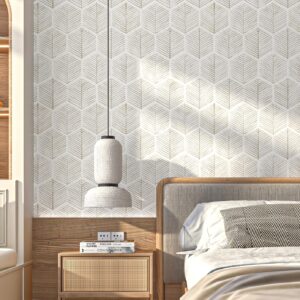 MelunMer Modern Peel and Stick Wallpaper Boho 17.3''×118'' Contact Paper for Cabinets and Drawers Self Adhesive Wallpaper Removable Wallpaper for Bedroom Geometric Wallpaper for Bathroom Beige/White