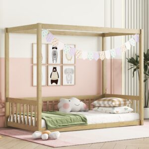 wood twin size canopy frame floor bed with fence and guardrails,for kids toddler boys girls teens bedroom use (natural@fence, twin)