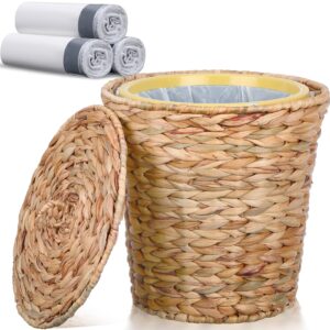 menkxi wicker waste basket with lid in bedroom bathroom wicker trash can in office, boho handwoven wicker waste basket with plastic insert and 60 pcs drawstring trash bag(4 gallon)